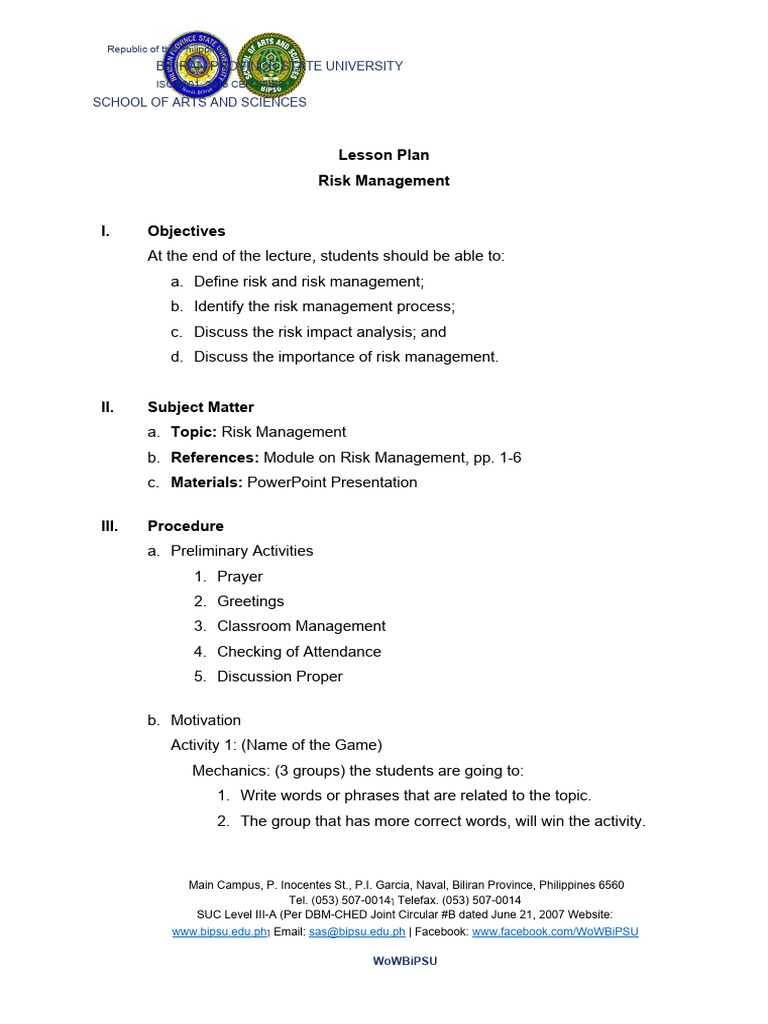 Lesson Plan | PDF | Risk | Risk Management