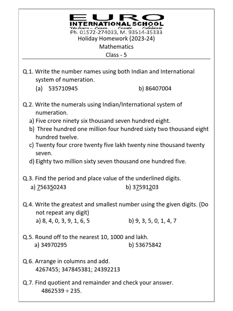 Holiday Homework Class 5 | PDF