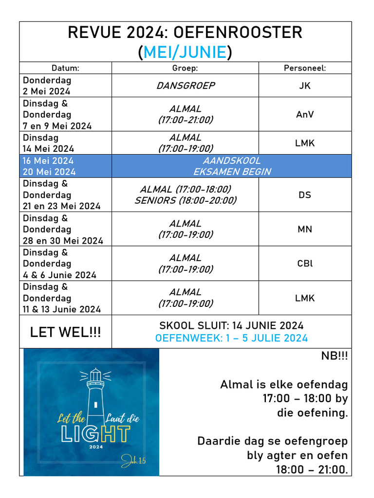 Revue 2024 - Oefenrooster - Mei en Junie | PDF