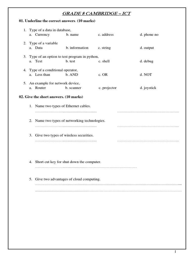 Grade 8 Cambridge - Ict Revision | PDF | Computer Network | Databases