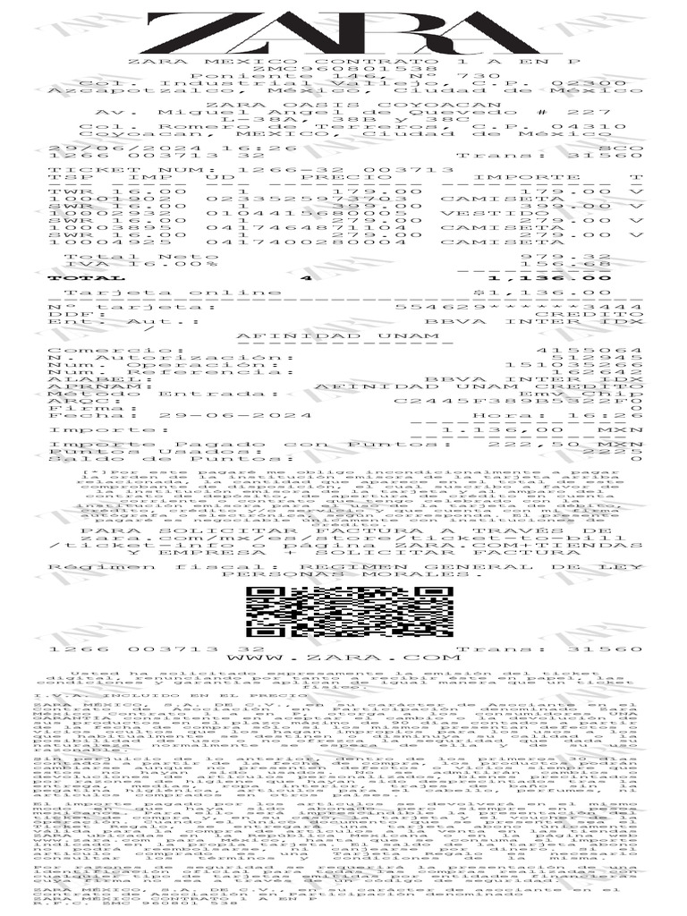 ZARA - MEX-OASIS COYOACAN - Ticket de Compra | PDF | Recibo | Crédito