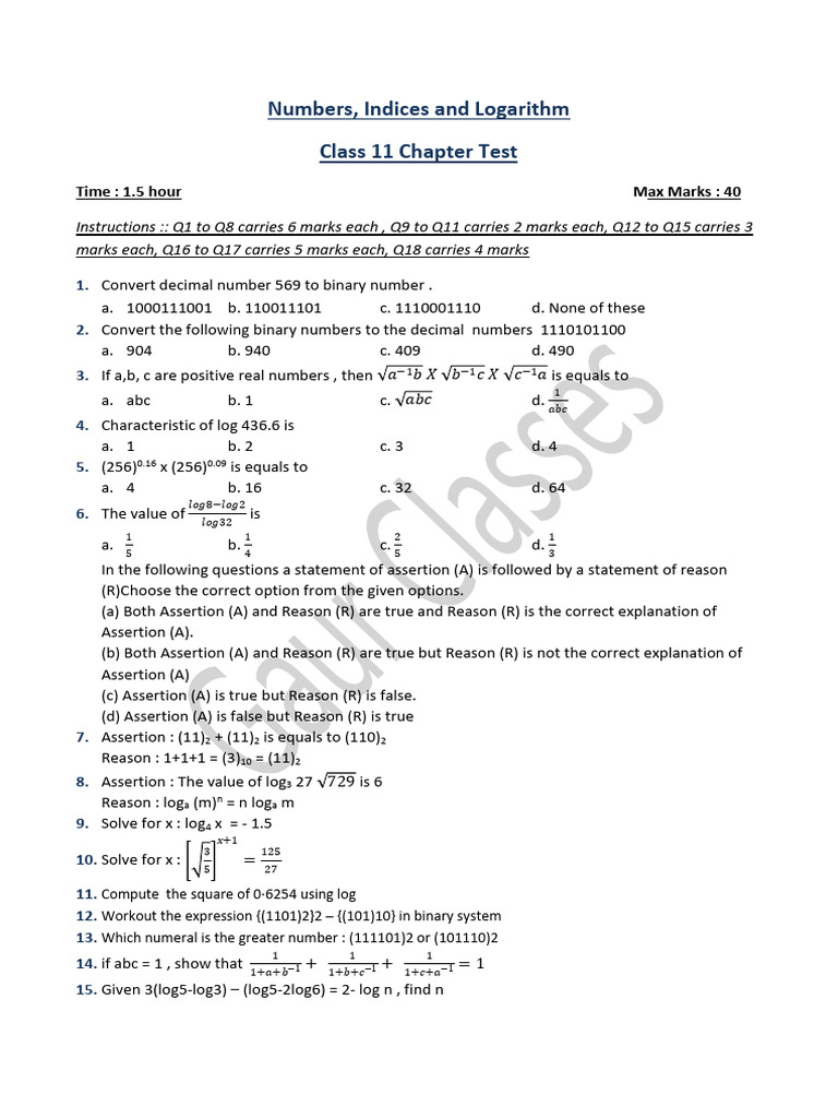 Class 11 Math Chapter Test | PDF | Mathematics | Arithmetic