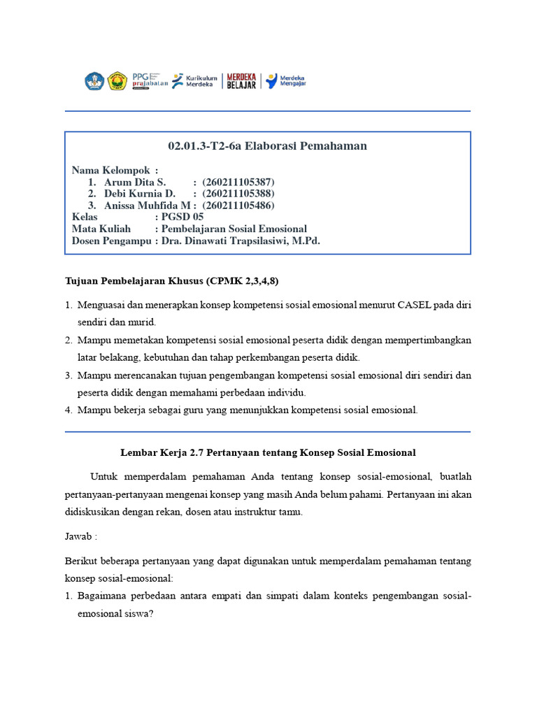PSE - 02.01.3-T2-6a Elaborasi Pemahaman - Kelompok ( Arum - Debi - Anissa ) | PDF