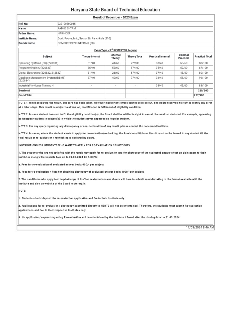 3rd Sem Result | PDF | Business | Technology & Engineering