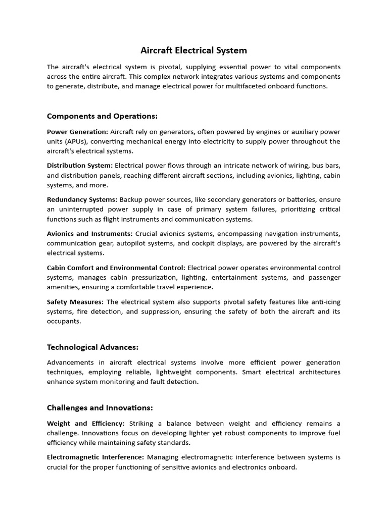 Aircraft Electrical System Overview | PDF | Electricity | Avionics