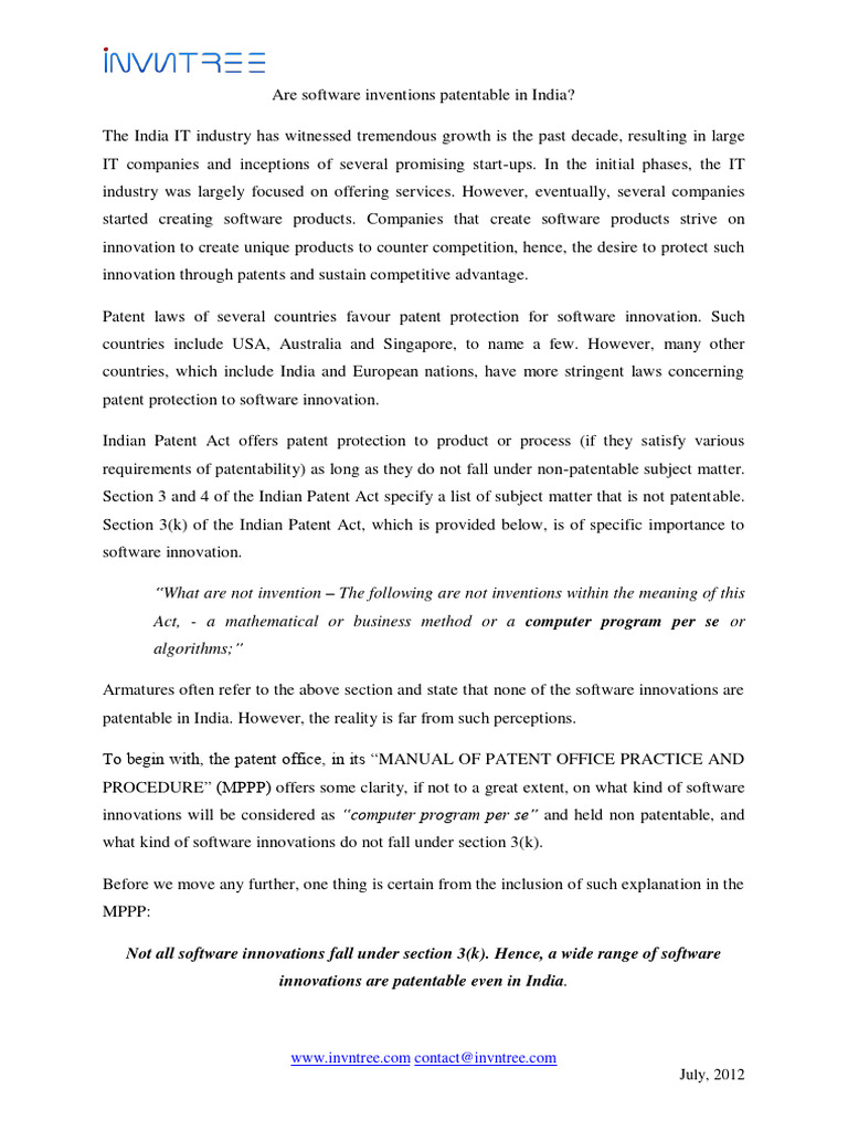 Software Innovation Patenting in India - InvnTree | PDF | Patent ...