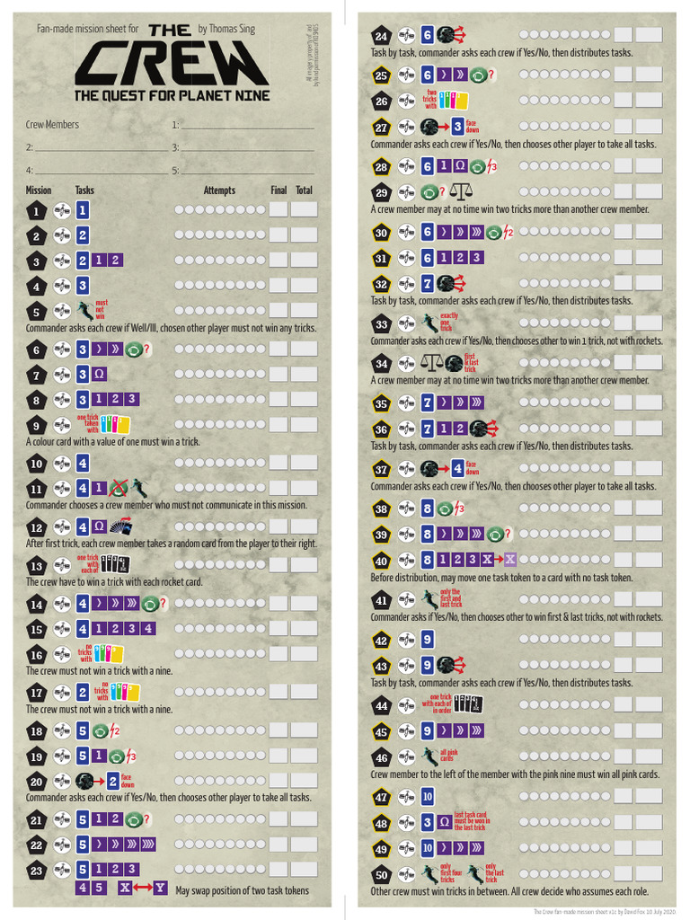 The Crew Mission Sheet - V1c | PDF | Consumer Goods | Trick Taking Card ...