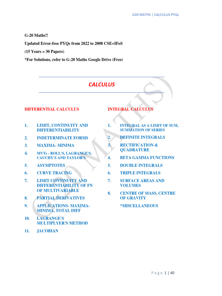 1-2 Calculus Pyqs Chapterwise 2022 | PDF | Integral | Calculus