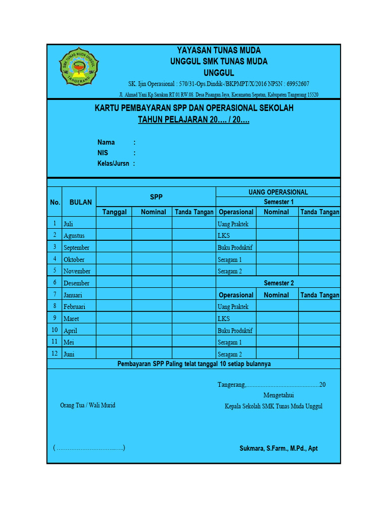 Kartu Pembayaran SPP Sekolah SMK | PDF