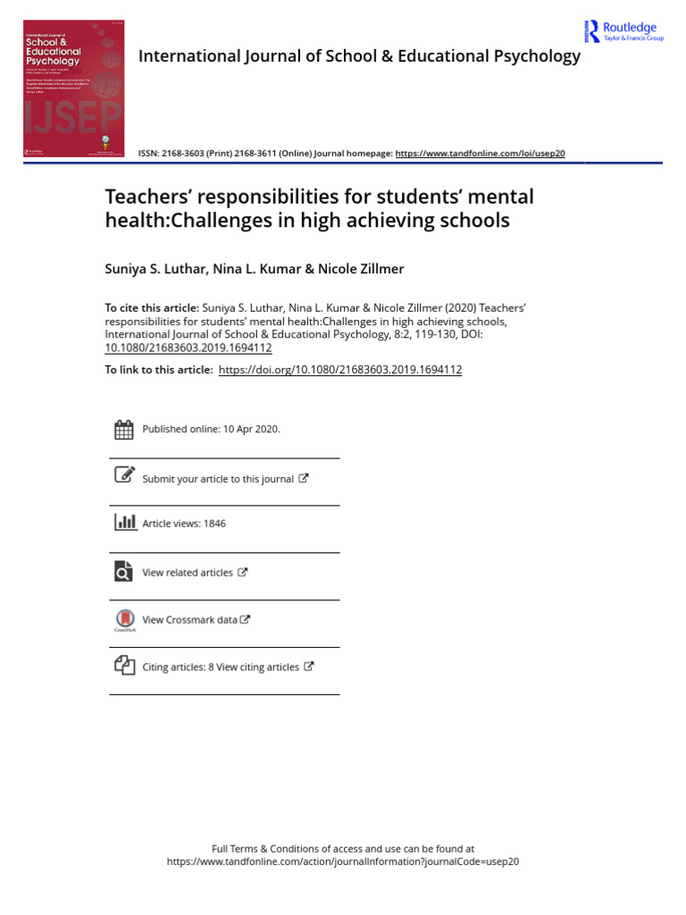 Teachers Responsibilities For Students Mental Health Challenges in High ...