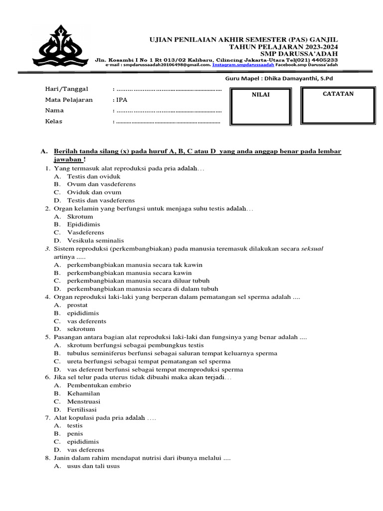 Soal Pas Ipa Kelas 9 (Semester 1) | PDF | Sains & Matematika
