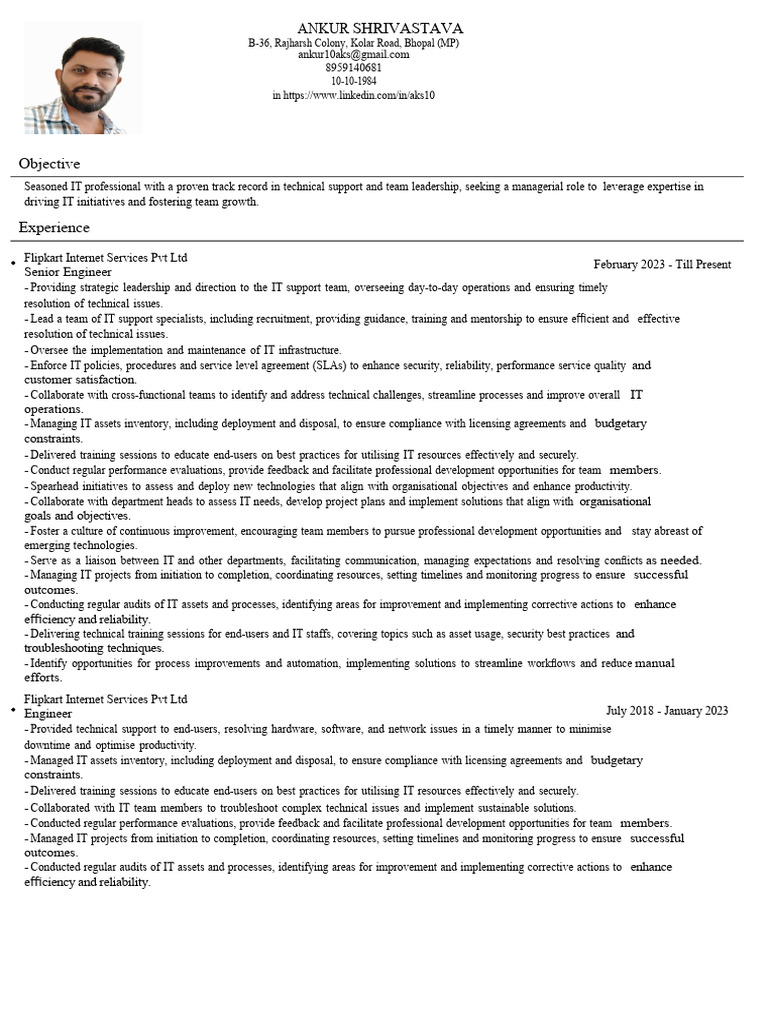 Ankur Shrivastava - CV | PDF | Computer Network | Operating System