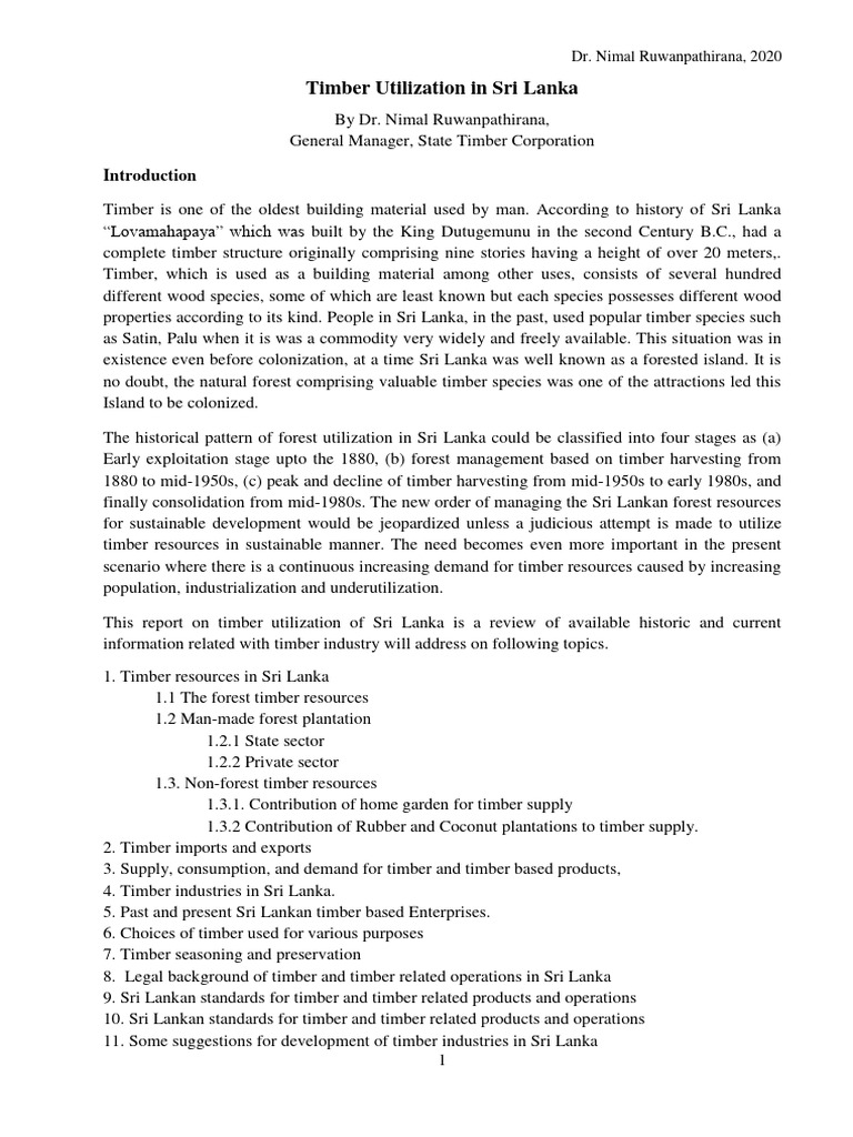 Timber Utilization in Sri Lanka: Dr. Nimal Ruwanpathirana, 2020 | PDF | Lumber | Wood