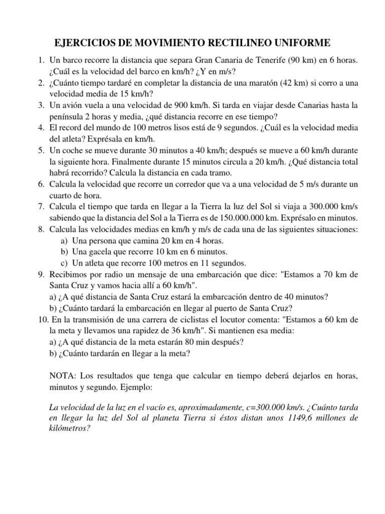 Ejercicios de Movimiento Rectilineo Uniforme | PDF | Velocidad
