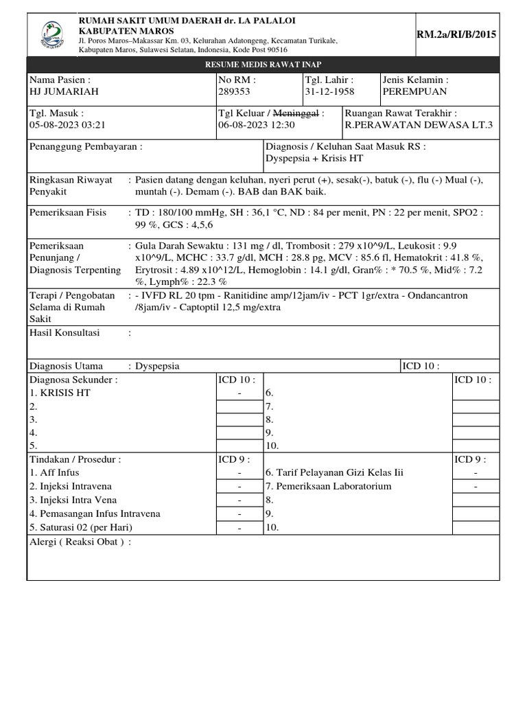 Resume Medis Rawat Inap | PDF
