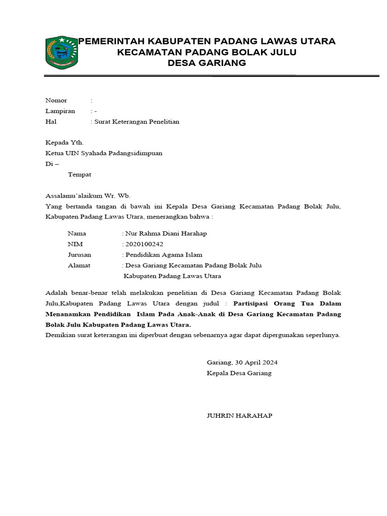 Surat Balasan Riset Uin Syahada | PDF