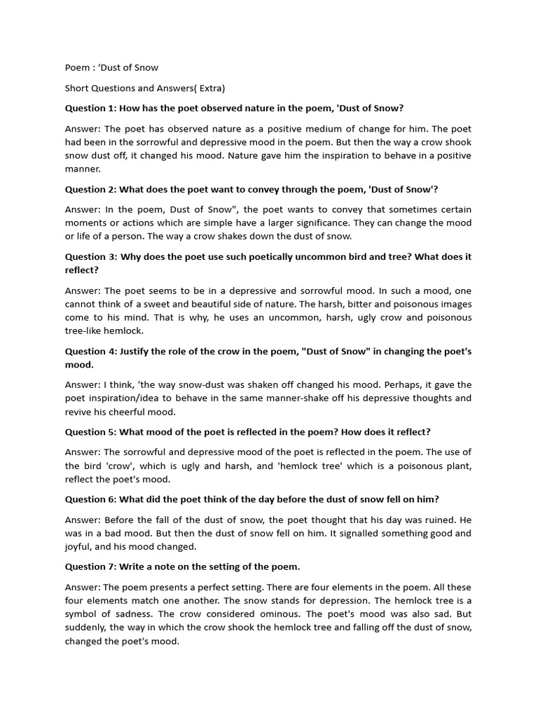 Dust of Snow: Key Questions & Answers | PDF | Mood (Psychology ...