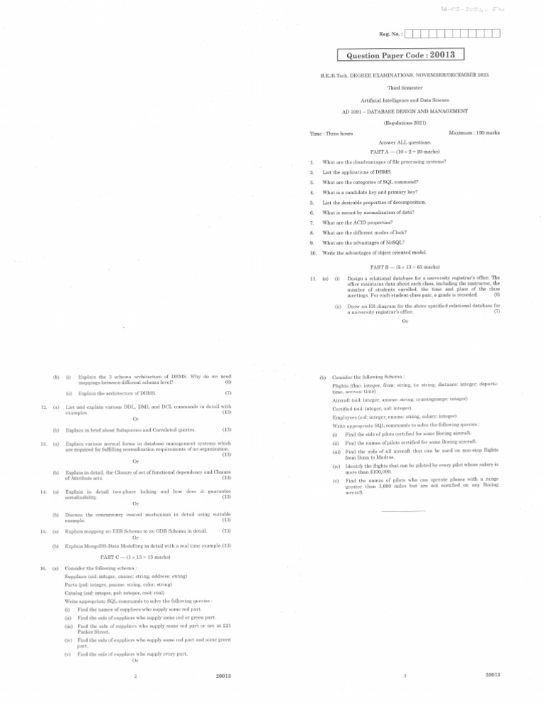 AD3391 - Database Design and Management - R2021 - 2023 Nov | PDF
