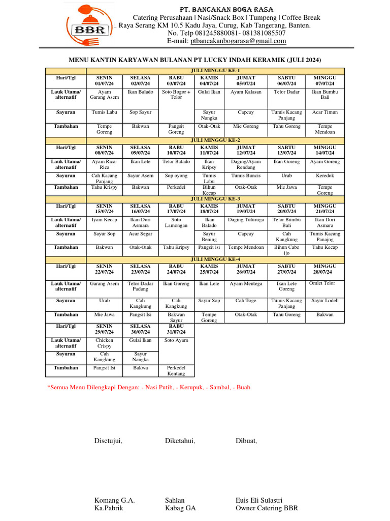 Menu Kantin Karyawan Bulanan PT Lucky Indah Keramik (Juli 2024) | PDF