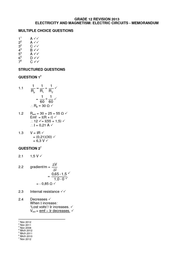 Grade 12 Electric Circuits Revision | PDF | Voltage | Electrical ...