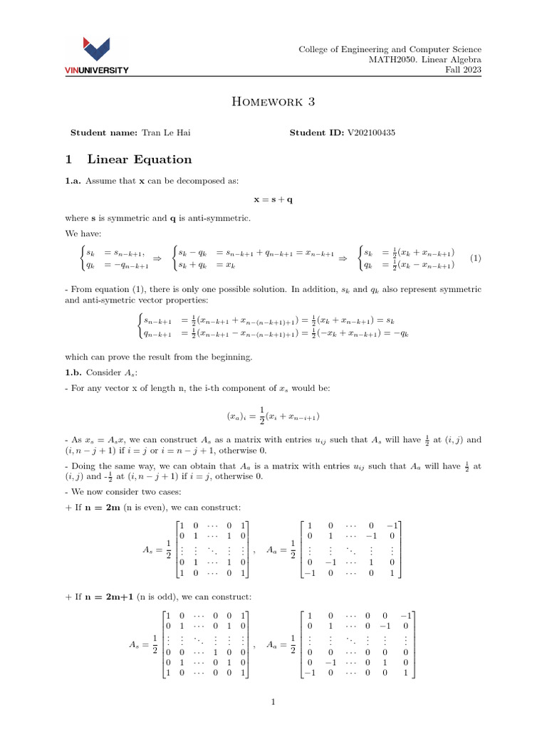 Homework 3 MATH2050 | PDF | Matrix (Mathematics) | Functions And Mappings