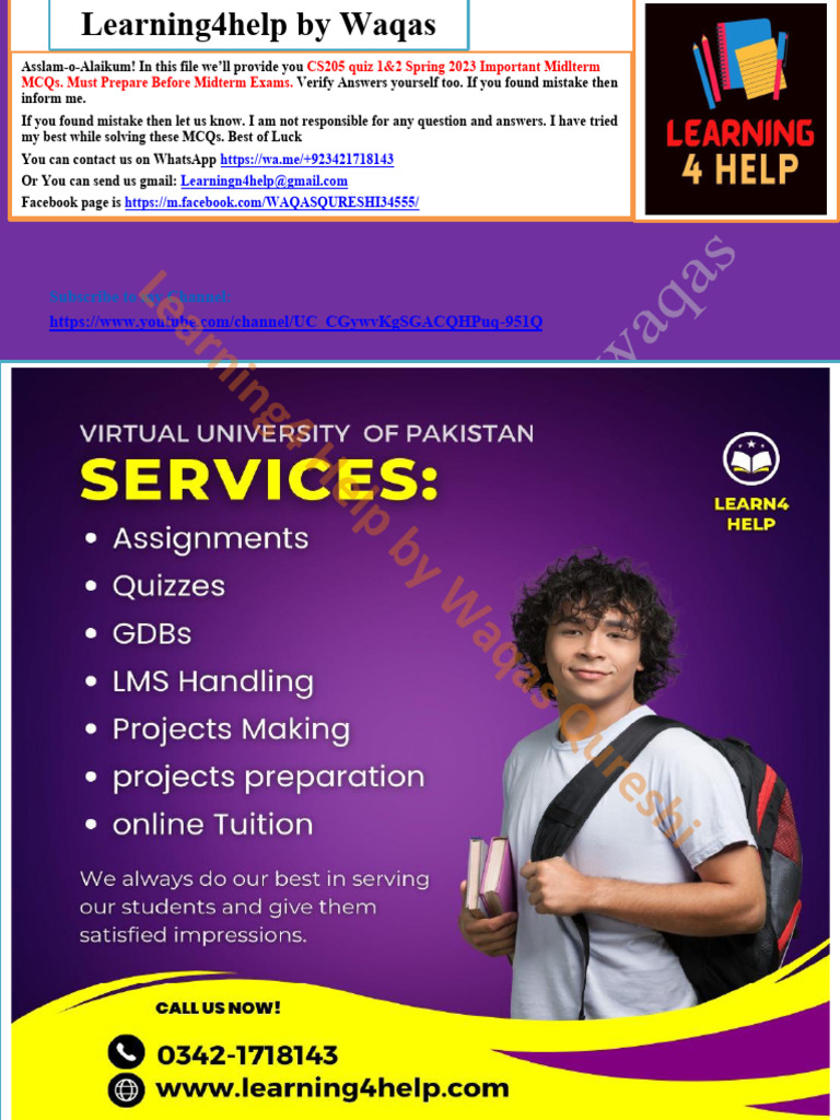 CS205 Quiz 1&2 Spring 2023 Important MCQs by Learning4Help (Waqas Qureshi) | PDF