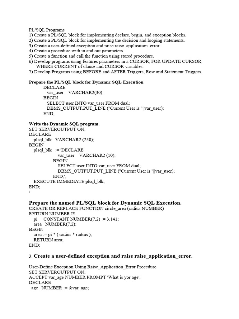 DBMS LAB Manual Part - 4 | PDF | Pl/Sql | Computer Programming DBMS LAB Manual Part - 4 | PDF | Pl/Sql | Computer Programming