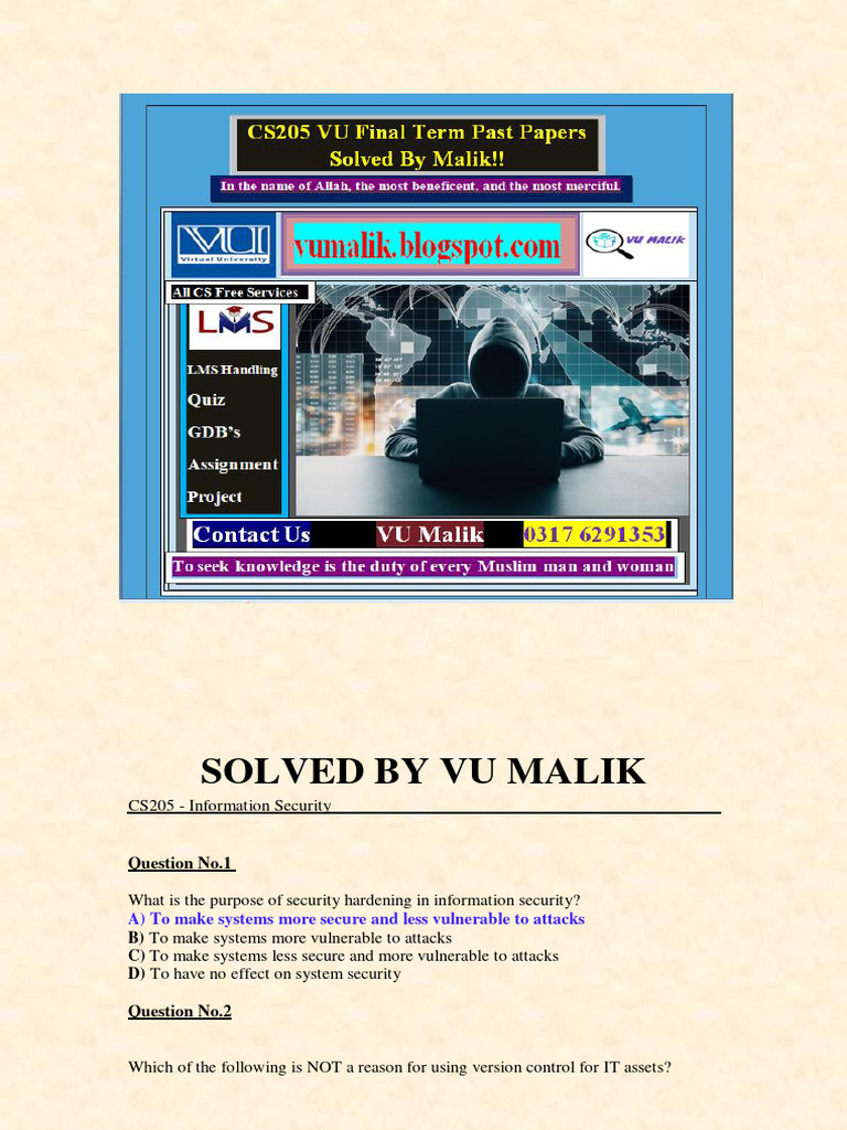 CS205 Final Term Past Paper 2023 SOLVED by VU Malik | PDF | Security ...