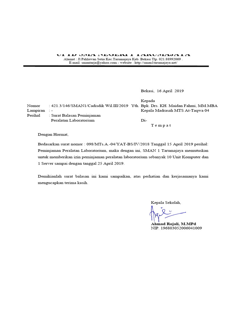 Surat Balasan Peminjaman Barang | PDF