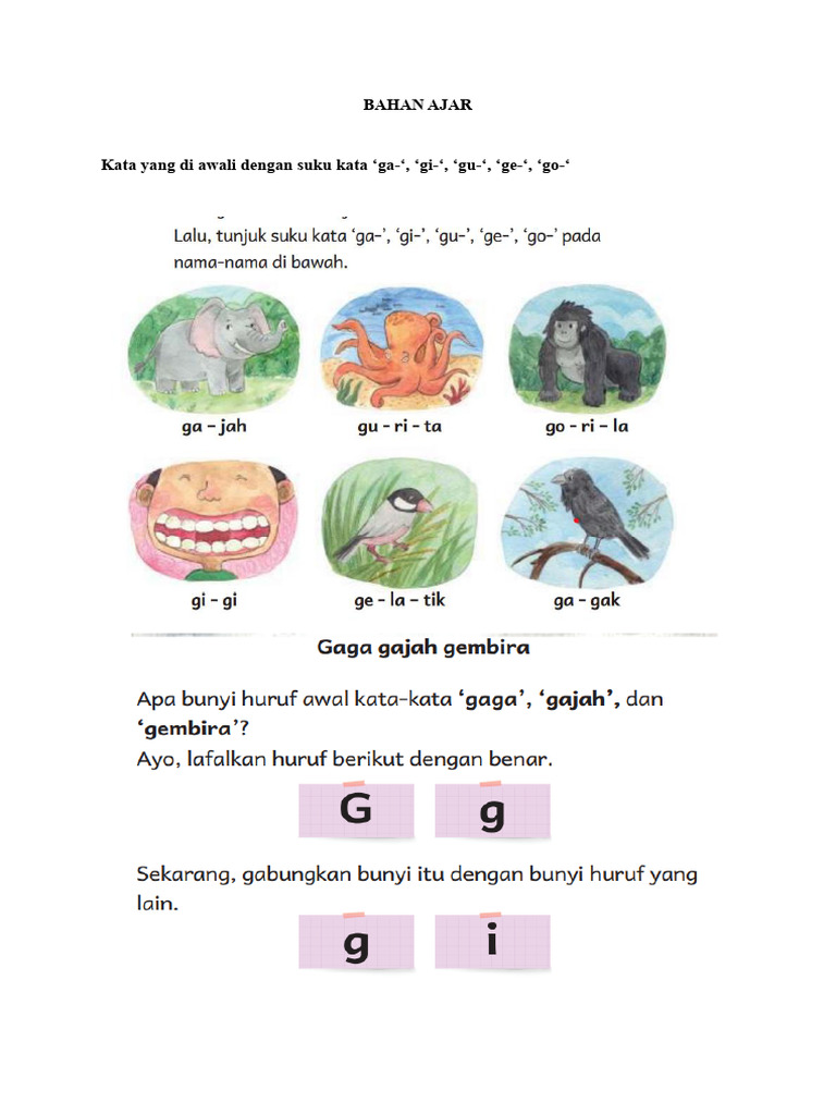 BAHAN AJAR Kelas 1 Ga Gi Gu Ge Go | PDF