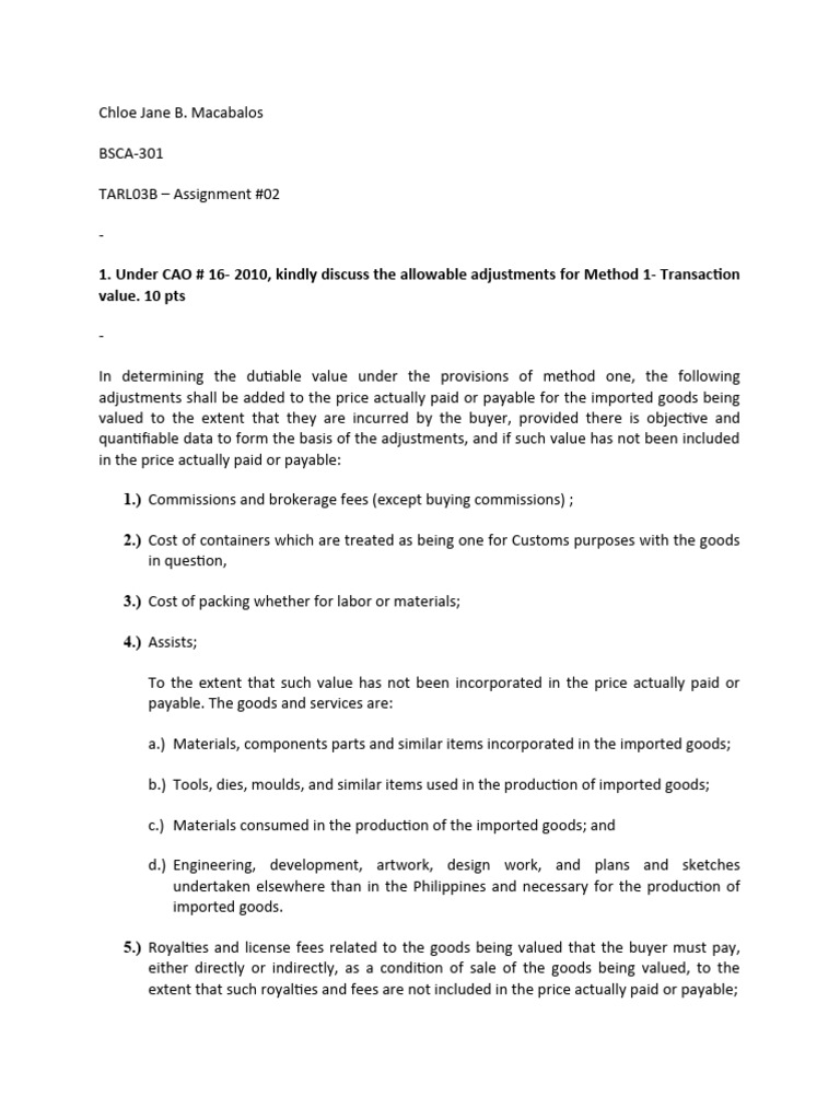 customs valuation system - assignment 2 | PDF | Cost | Prices