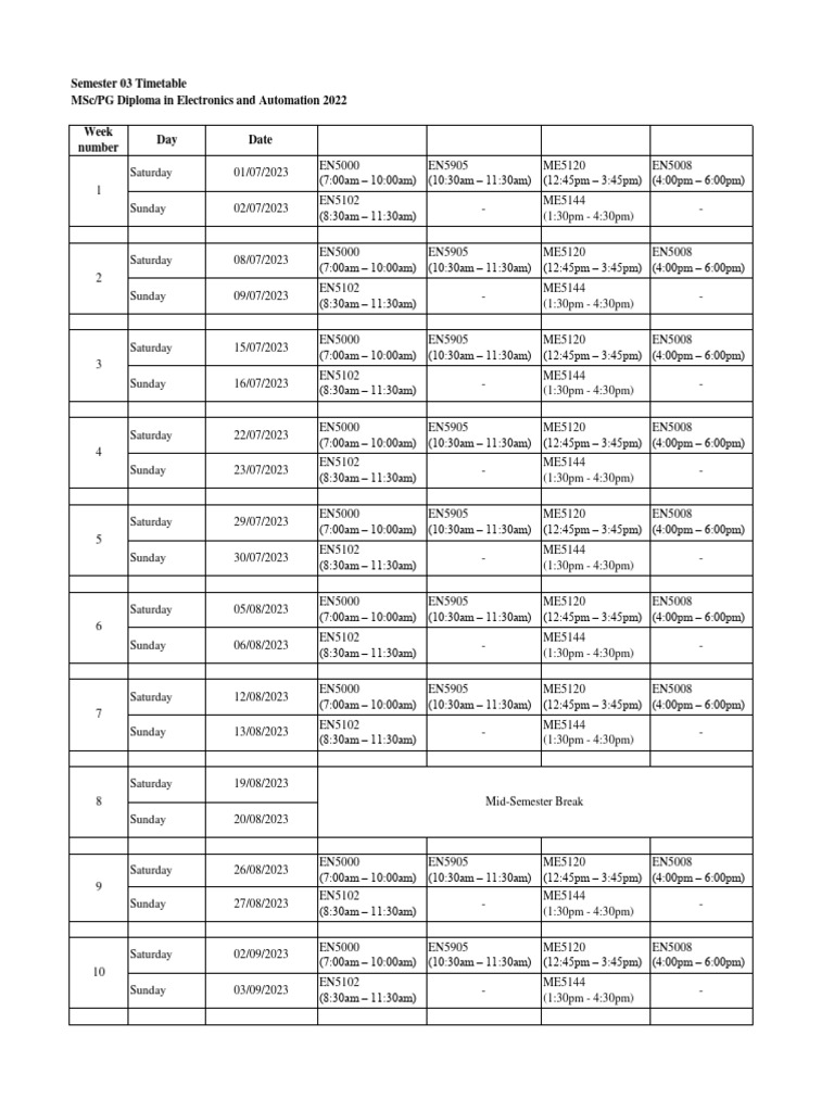 EA 2022 Sem03 Timetable-2 | PDF | Engineering