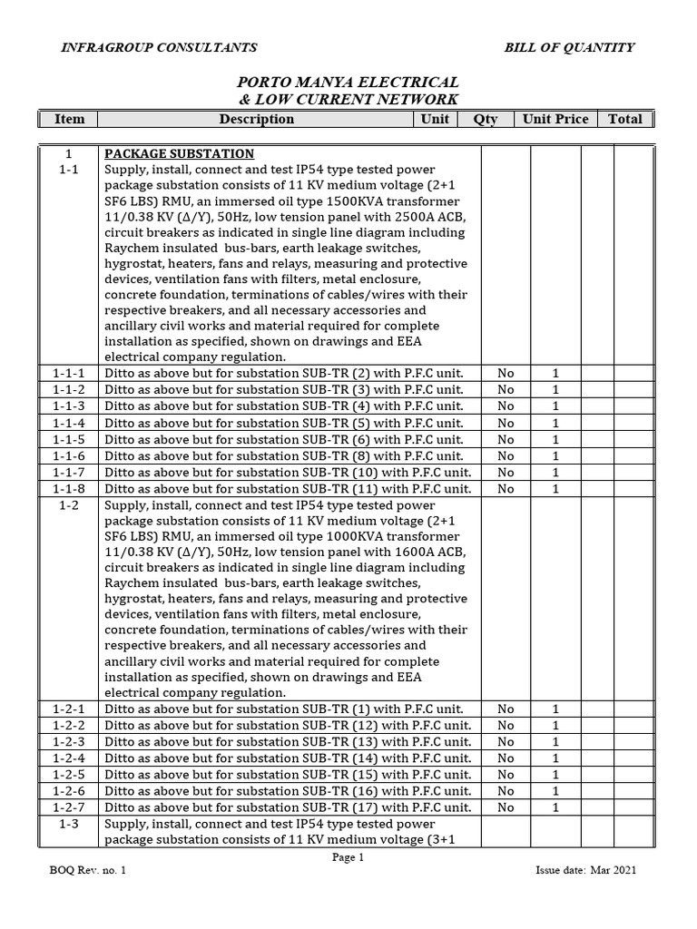 11 - Boq | PDF | Electrical Substation | Transformer
