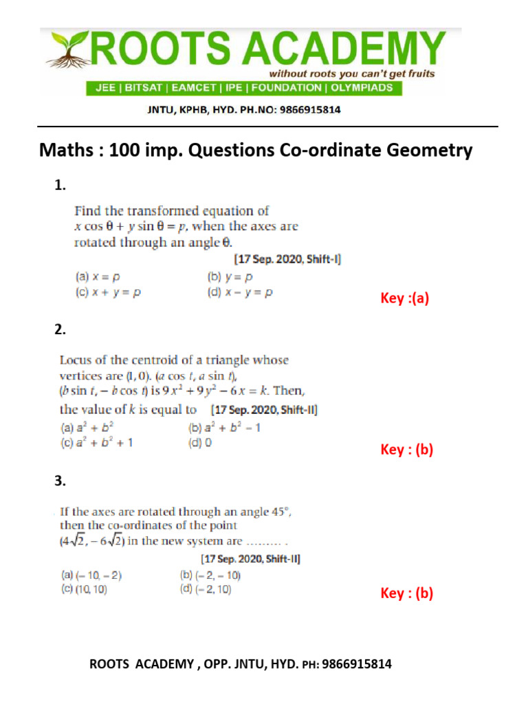 100 Imp. Questions - Co-Ordinate Geometry - 25-07-2021 | PDF | Mathematics