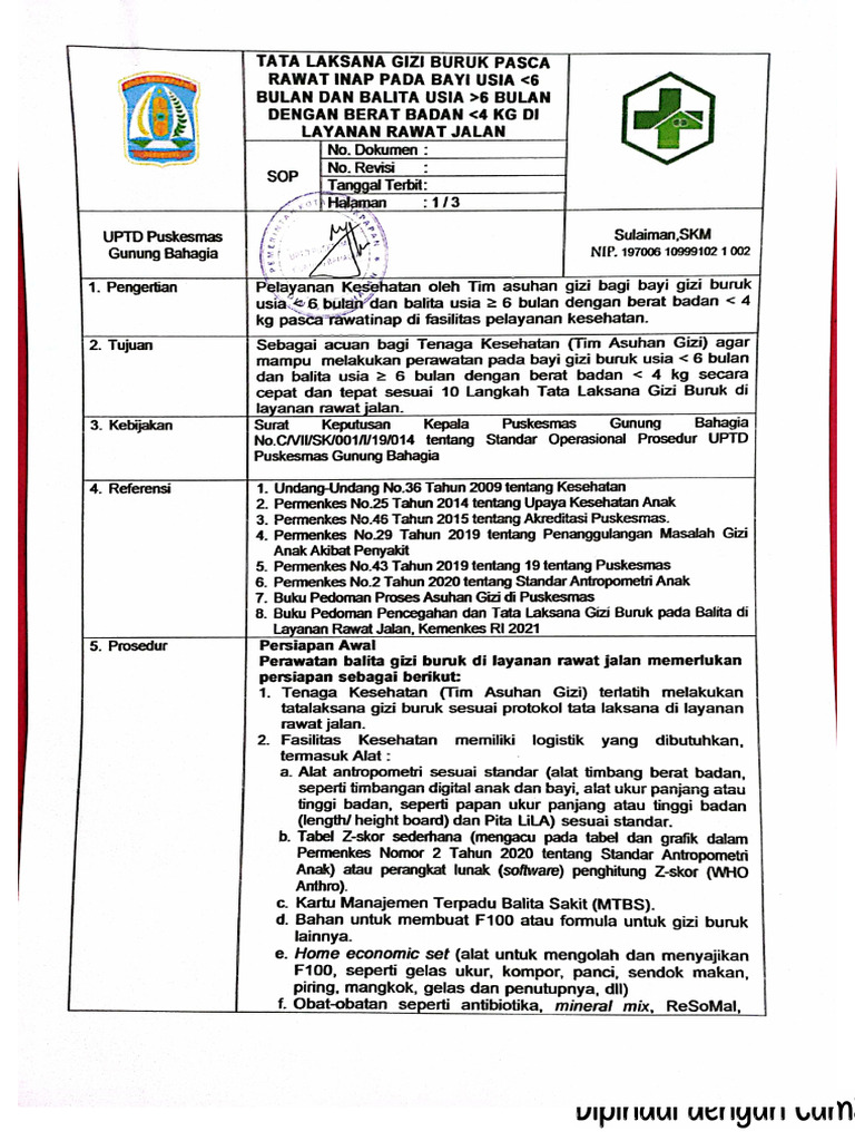 Sop Tata Laksana Gizi Buruk Pasca Rawat Inap Pada Bayi Usia Dibawah 6 ...