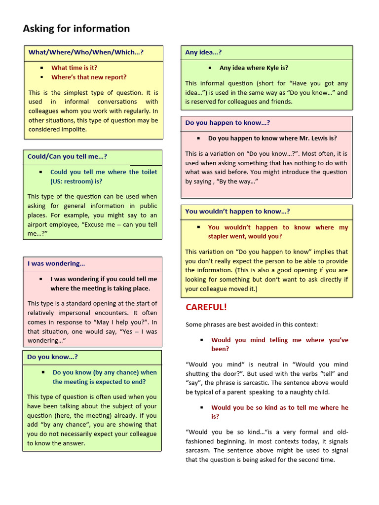 Asking For Information | PDF | Question | Languages