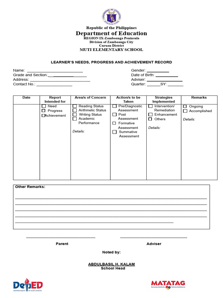 Learners Needs Progress and Achievement Record | PDF | Cognition | Pedagogy