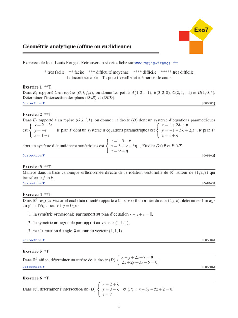 Exercices de géométrie analytique corrigés | PDF | Géométrie analytique ...