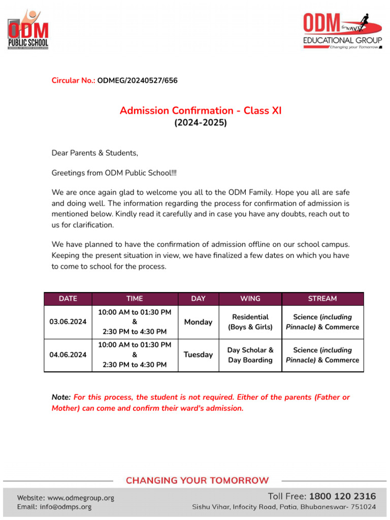 Ops - Class Xi (General) - Circular For Confirmation Admission-2024-25 ...