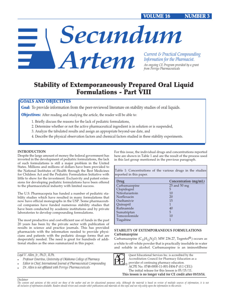 Stability of Extemporaneously Prepared Oral Liquid Formulations-Part ...