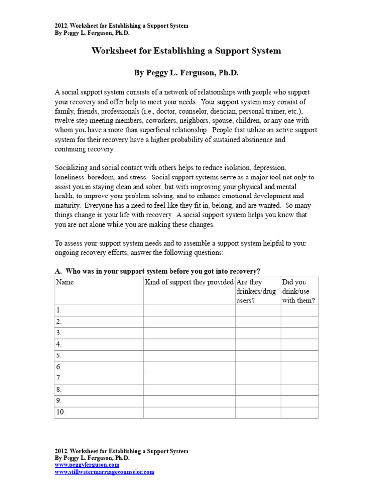Worksheet For Establishing A Support System | PDF | Social Support ...
