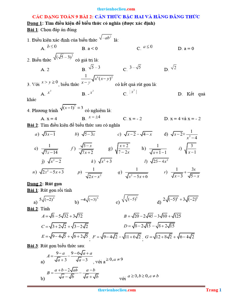 Cac Dang Toan 9 Bai 2 Can Thuc Bac Hai Va Hang Dang Thuc | PDF