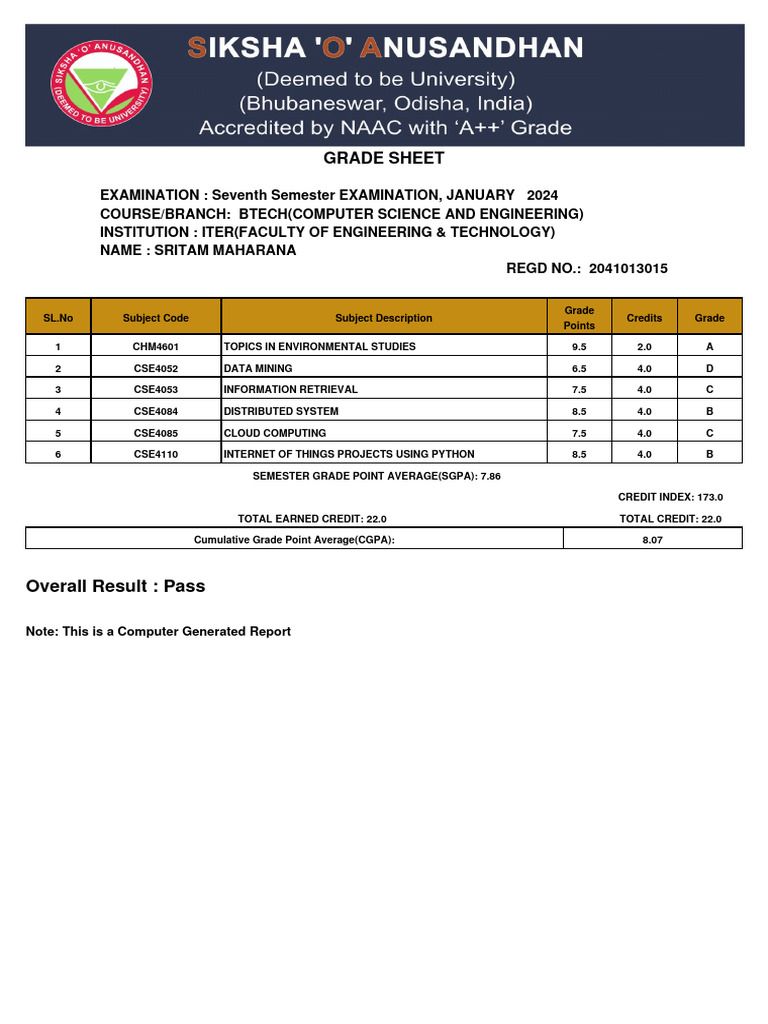 Grade Sheet: Overall Result: Pass | PDF | Technology & Engineering