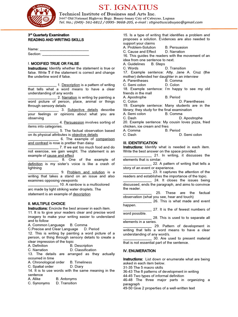 3RD QUARTER EXAMINATION READING WRITING Download Free PDF Word