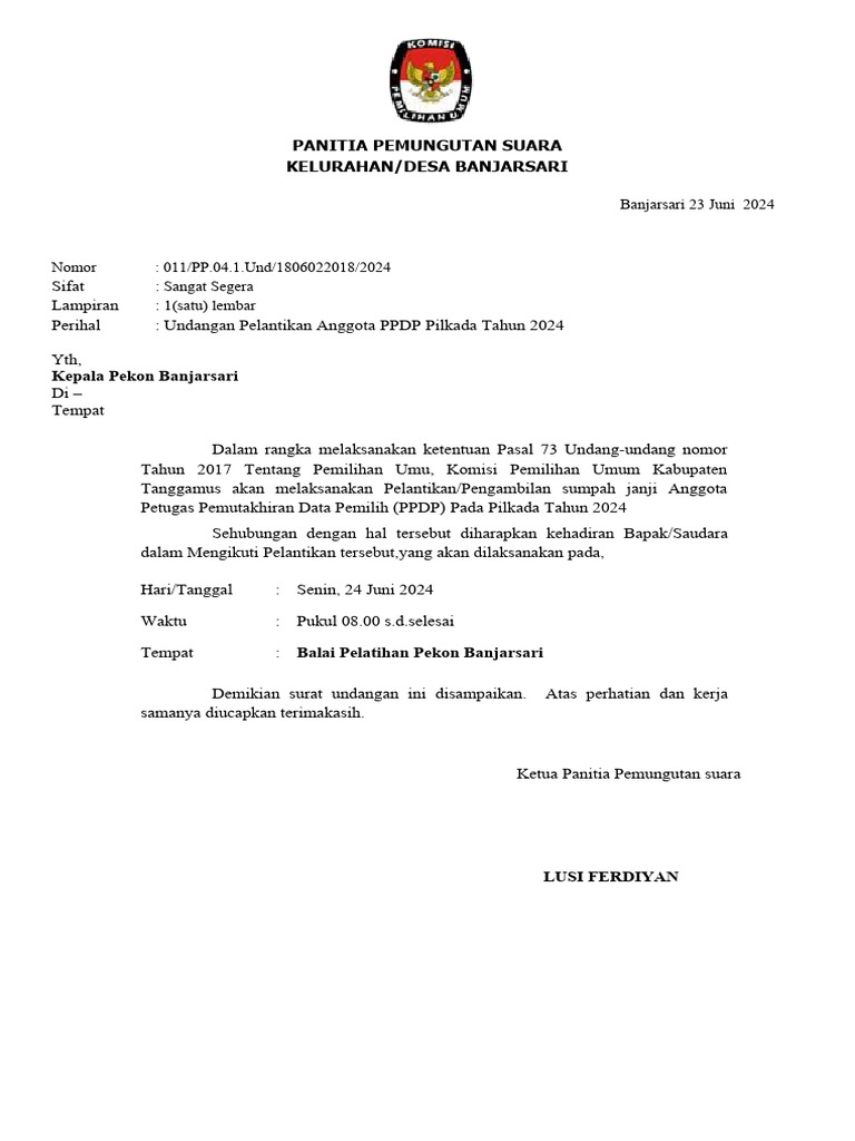 Undangan Pelantikan Anggota PPDP 2024 | PDF