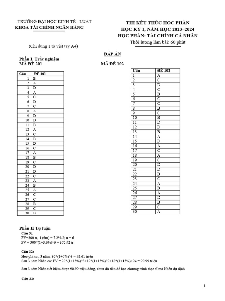 Đáp Án - Thi Cuối Kỳ TCCN - HK1 - 23.24 - Tiếng Việt | PDF