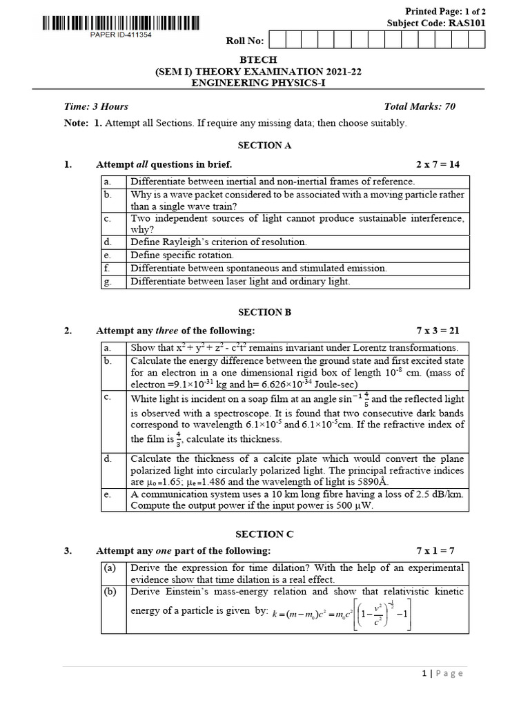 Btech 1 Sem Engineering Physics 1 Ras101 2022 | PDF | Light | Holography Btech 1 Sem Engineering Physics 1 Ras101 2022 | PDF | Light | Holography