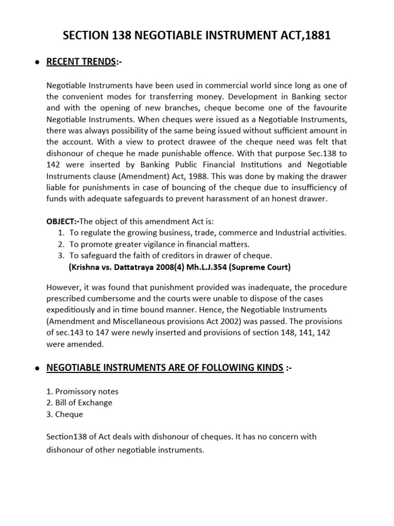 Section 138 Negotiable Instrument Act Complete Procedure | PDF | Cheque ...