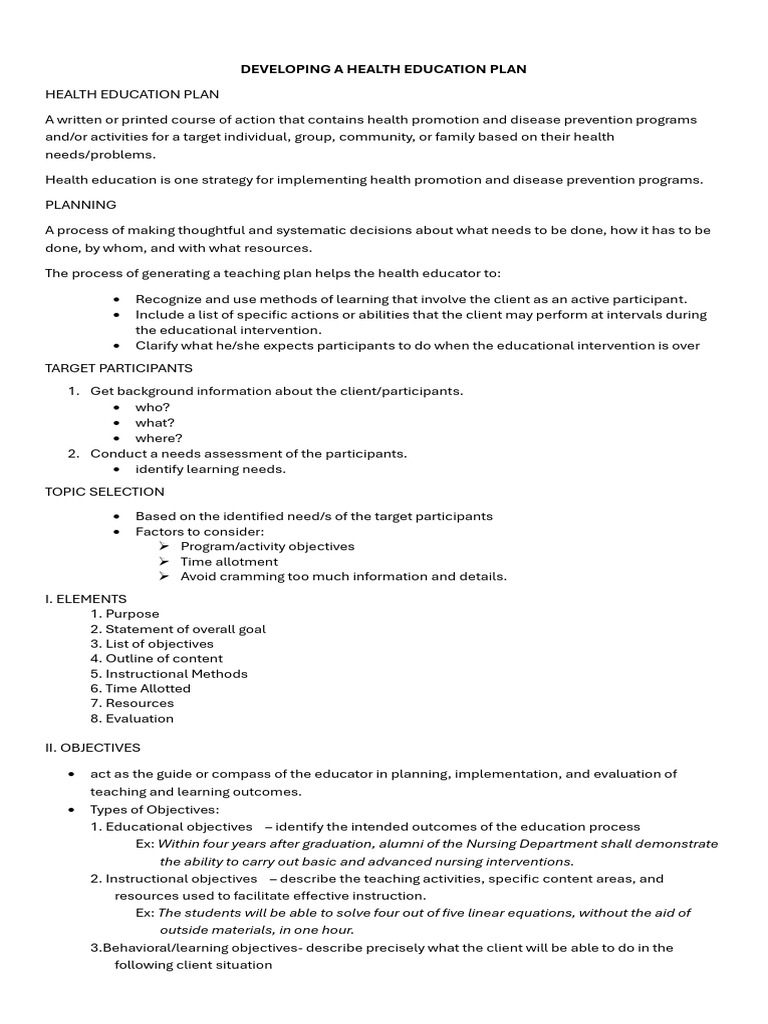 Health EducationDEVELOPING A HEALTH EDUCATION PLAN | PDF | Methodology | Learning