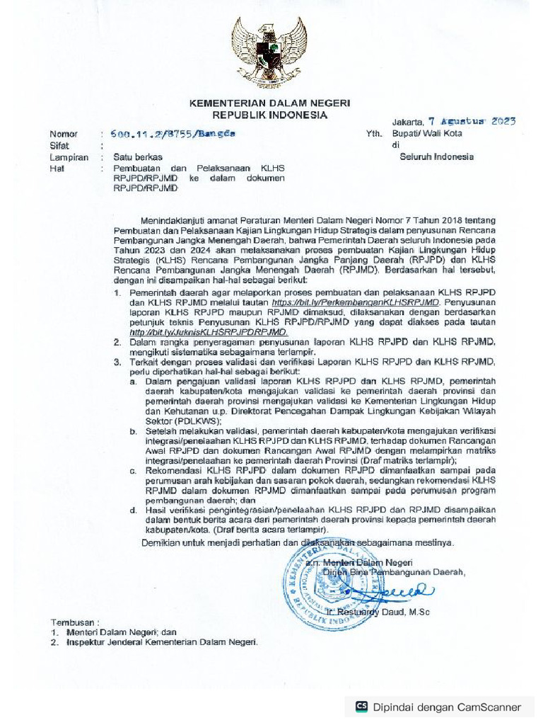 Surat KLHS RPJPD RPJMD Bupati Walikota | PDF